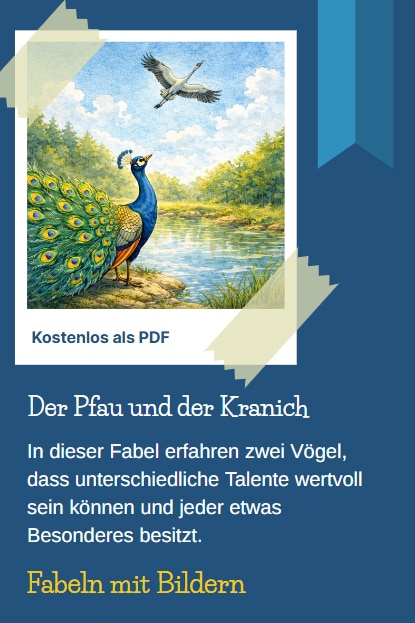 Der Pfau und der Kranich Fabel nach Äsop für Kinder