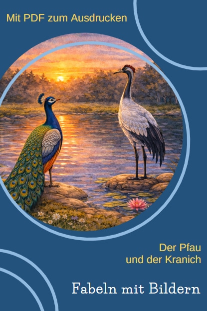 Der Pfau und der Kranich Fabel nach Äsop für Kinder